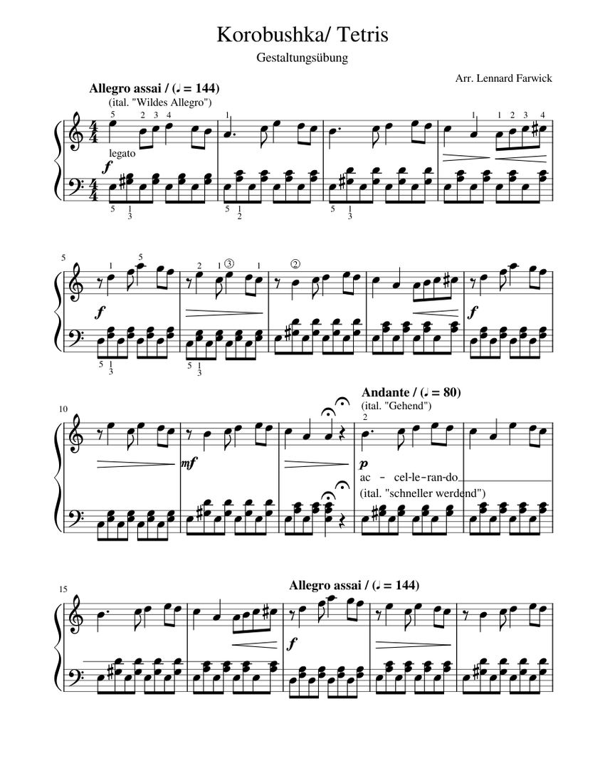 Korobushka/ Korobeiniki/ Tetris Theme A - Intermediate Piano Sheet Music for Piano (Solo ...