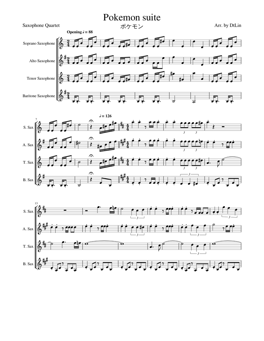 Pokemon Red/Blue suite - Saxophone Quartet Sheet Music for Saxophone ...