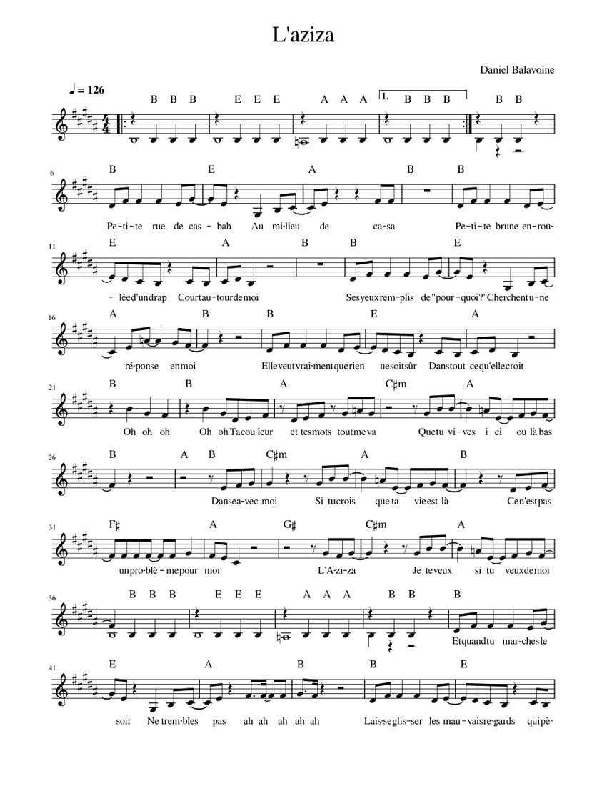 L'aziza - Daniel Balavoine Sheet Music for Piano (Solo) Easy ...