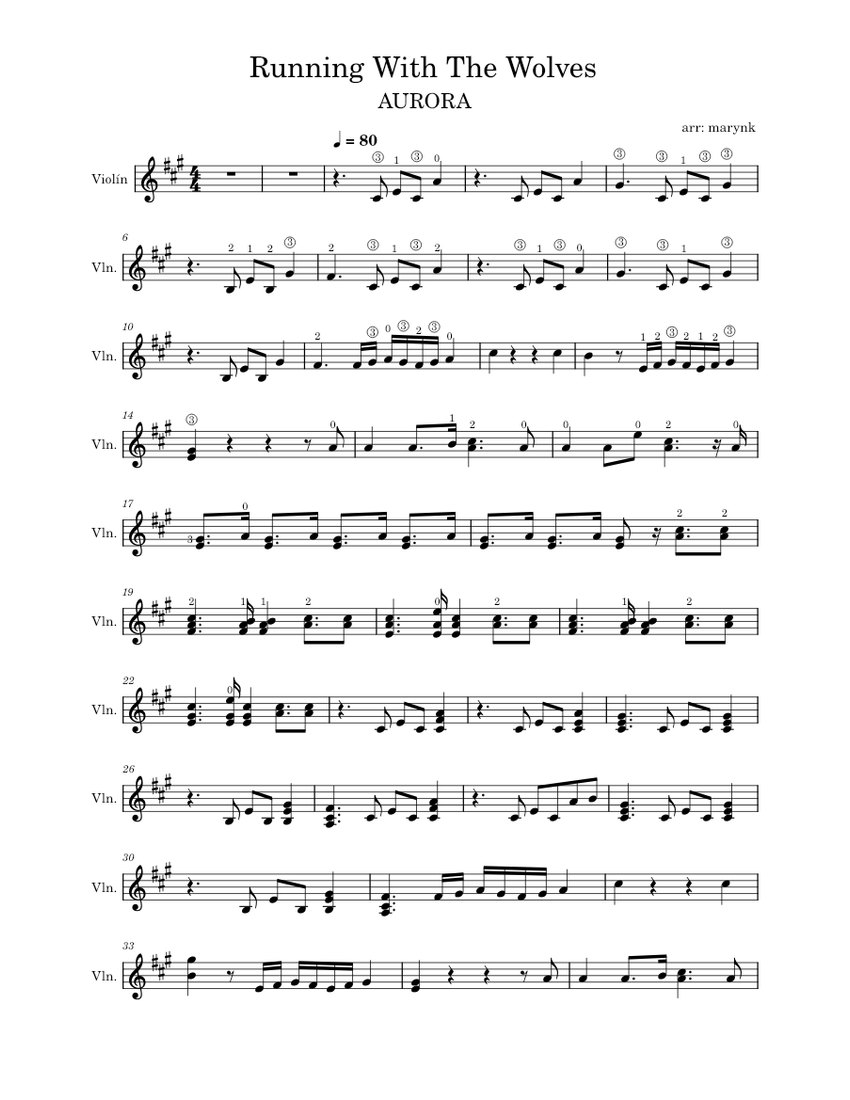 Running with the wolves – AURORA Sheet Music for Violin (Solo ...