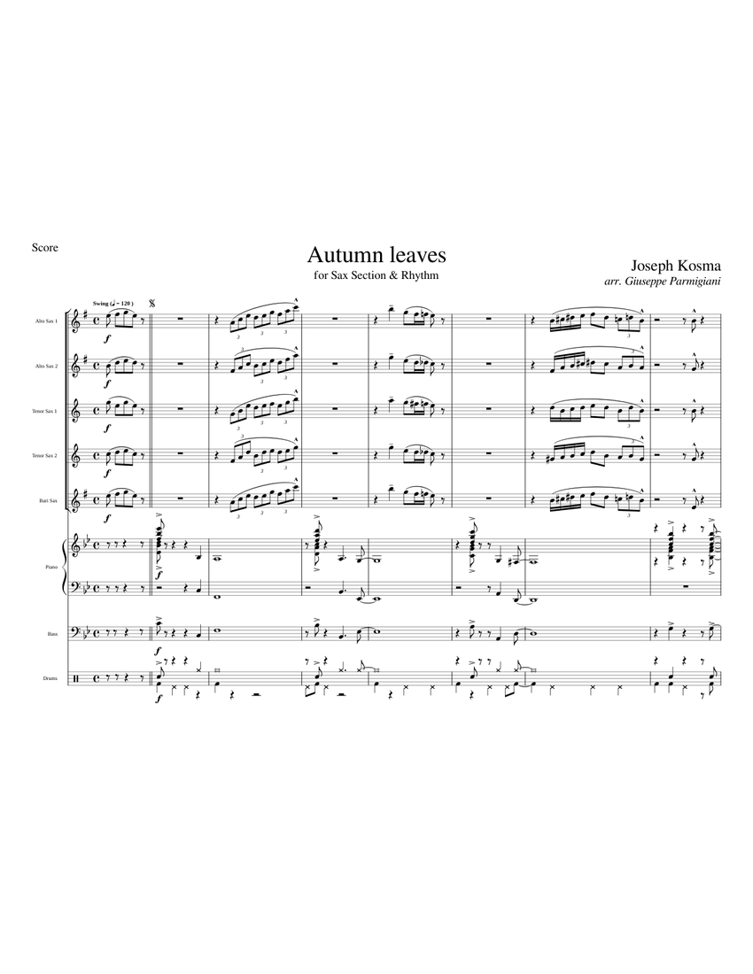 Autumn leaves (Sax Section) Sheet music for Piano, Saxophone alto, Bass ...