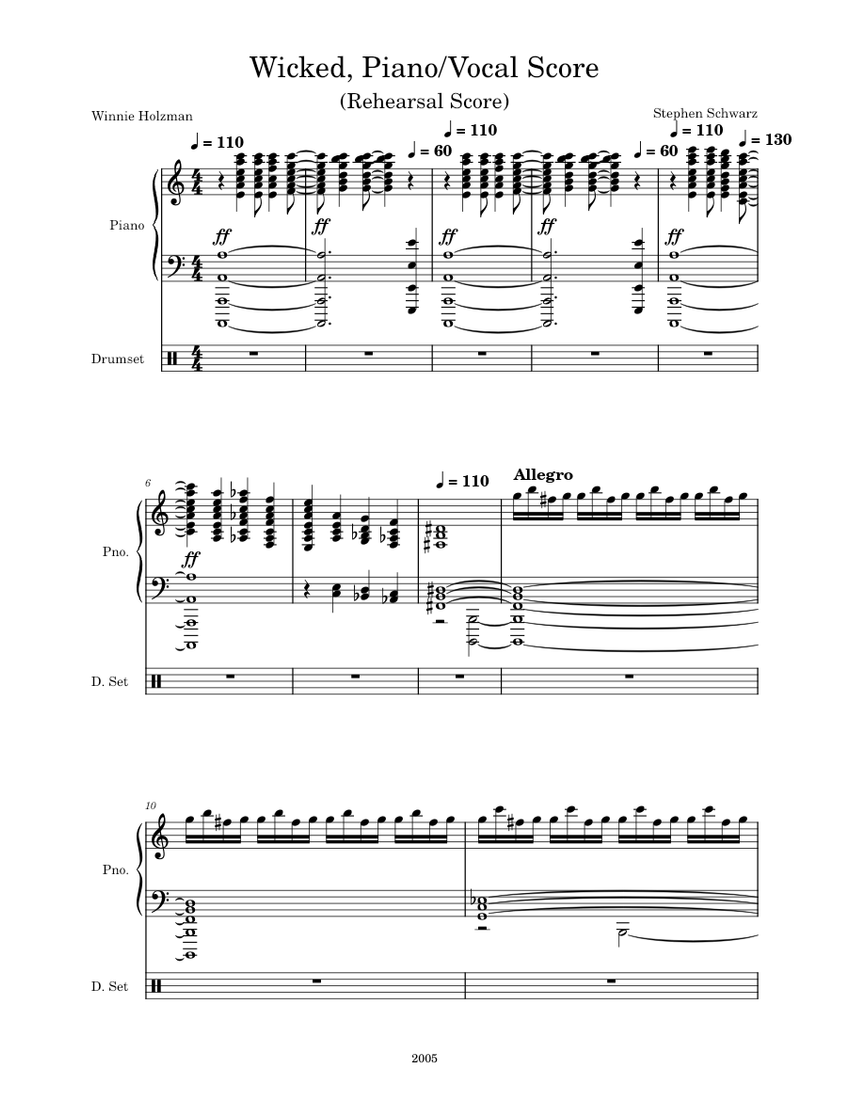 Wicked, Piano Vocal Score Sheet Music for Piano, Drum group (Mixed Duet ...