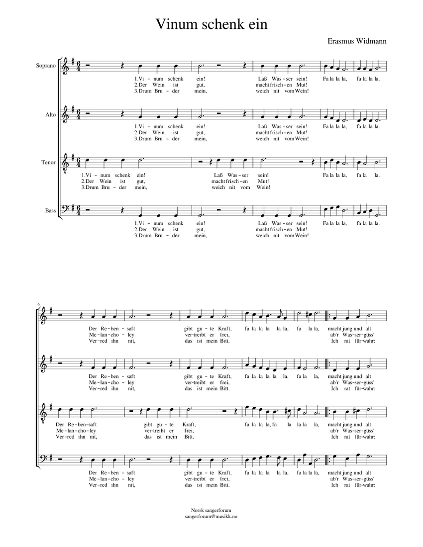 Vinum schenk ein – Erasmus Widmann Sheet music for Soprano, Alto, Tenor ...