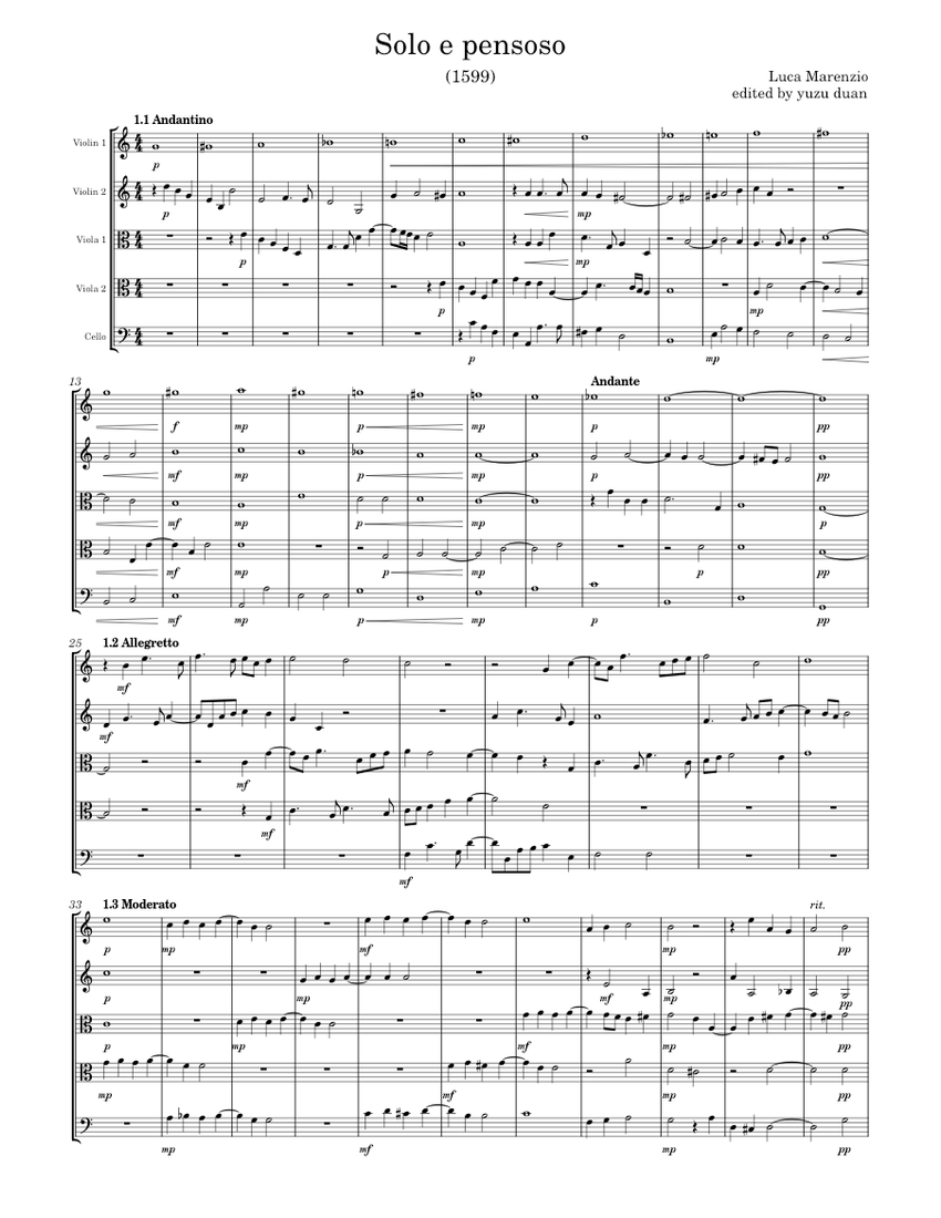 Solo e pensoso (string quintet) Sheet music for Violin, Viola, Cello ...