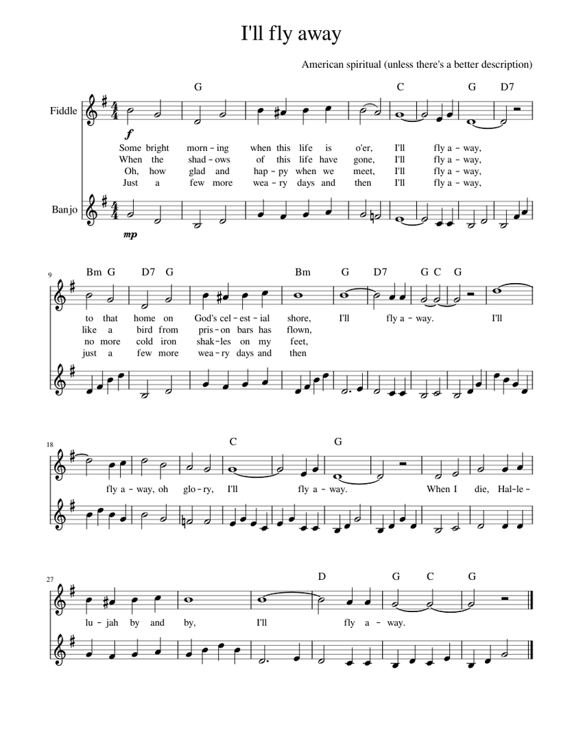 I'll fly away Sheet Music with Chords for Piano, Banjo (Mixed Duet ...