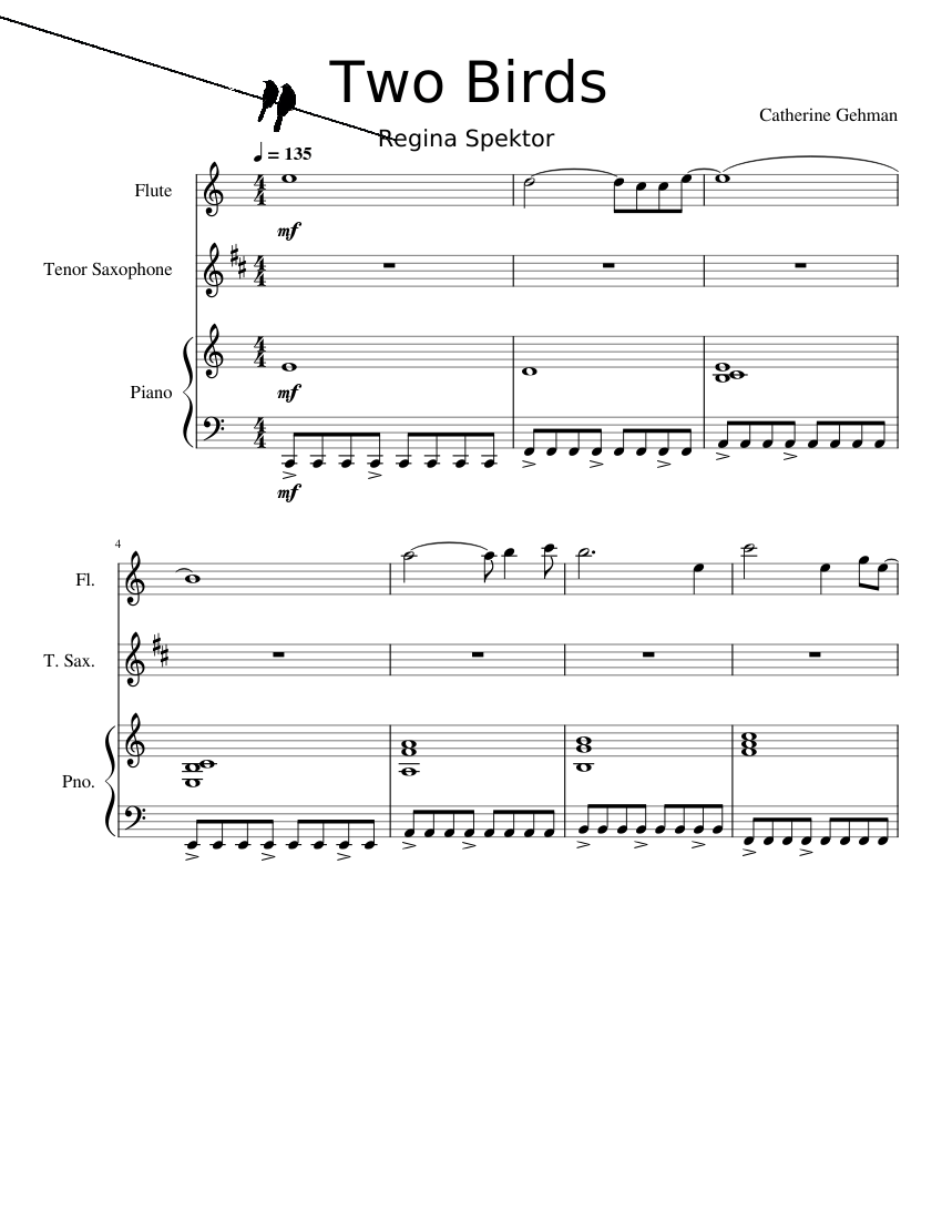 Two birds – Regina Spektor Sheet Music for Piano, Flute, Saxophone tenor (Woodwind Duet ...