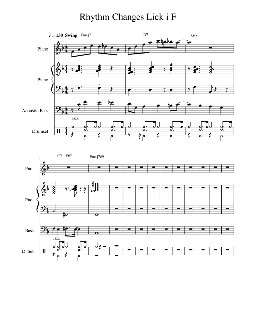 Rhythm Changes Lick i F Sheet music for Piano, Bass guitar, Drum group (Mixed Quartet ...
