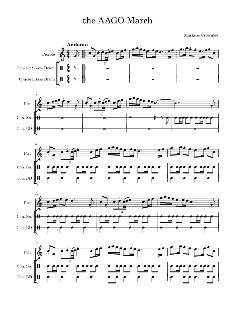 the AAGO March Sheet music for Flute piccolo, Snare drum, Bass drum ...