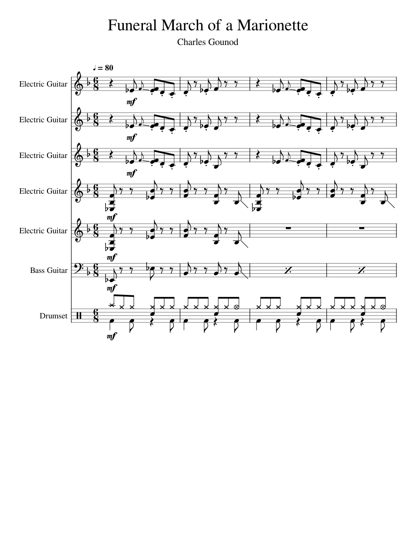 Funeral March of a Marionette Sheet music for Guitar, Bass guitar, Drum ...