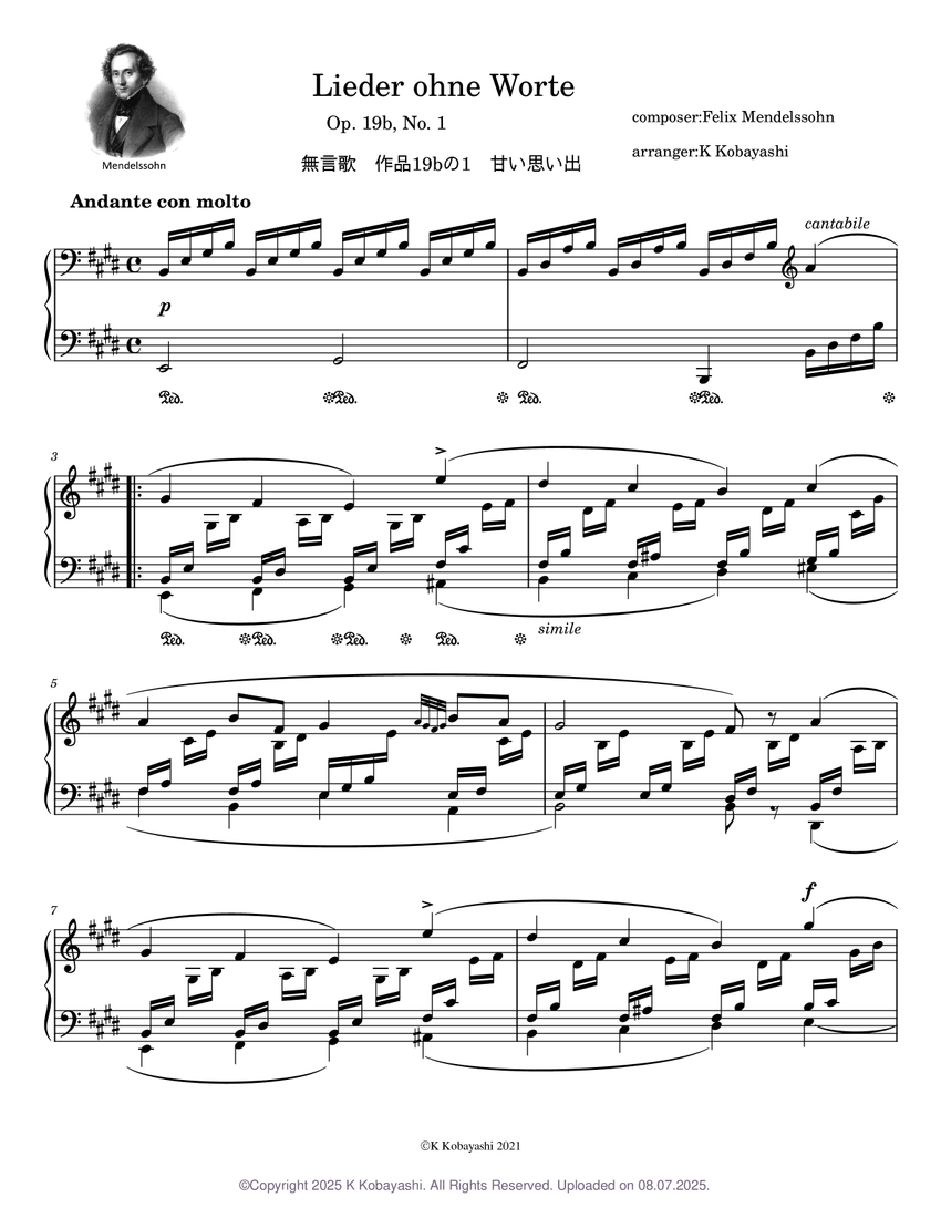 Lieder ohne Worte No.1 Op.19b No.1(無言歌1番) – Felix Mendelssohn Sheet ...