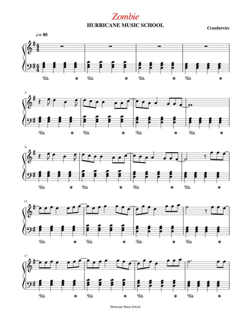 Zombie – The Cranberries Zombie Sheet Music for Piano (Solo) Easy ...