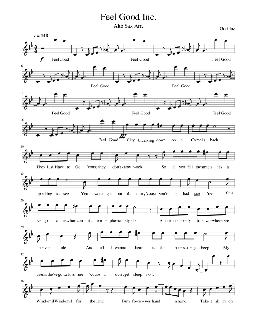 Feel Good Inc. Sheet Music for Saxophone alto (Solo) | MuseScore.com