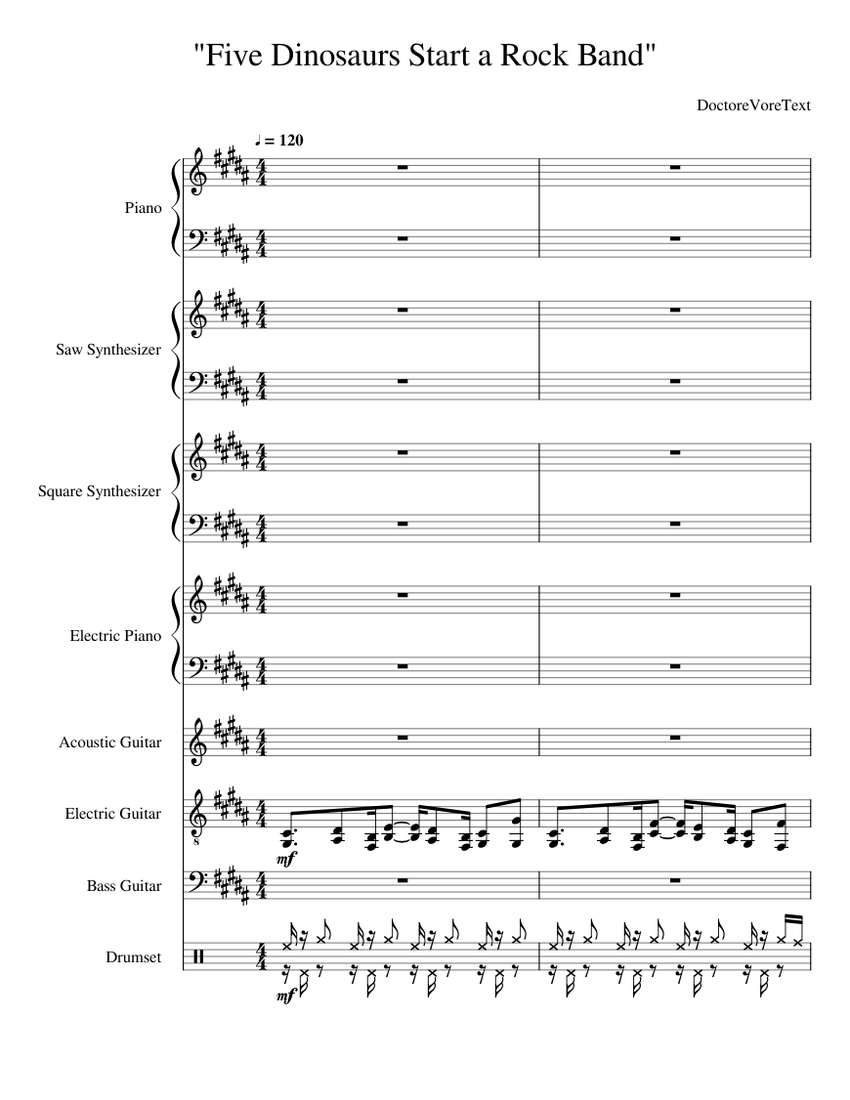 Five Dinosaurs Start a Rock Band Sheet music for Piano, Guitar, Bass ...