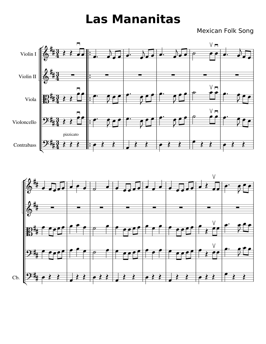 Las Mananitas Sheet Music for Contrabass, Violin, Viola, Cello (String ...
