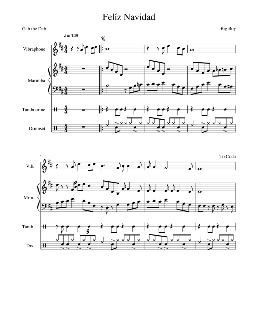 Feli z Navidad Sheet Music for Tambourine, Vibraphone, Drum group ...
