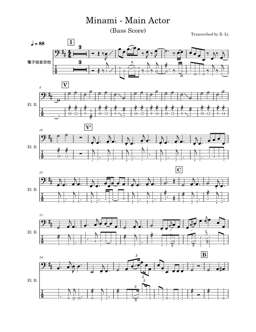 Main actor – Minami (美波) (Bass Score) Sheet music for Bass guitar (Solo ...