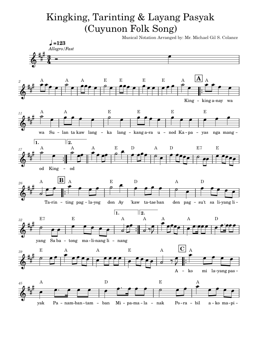 Kingking, Tarinting & Layang Pasyak Cuyunon Folk Song Sheet music for ...