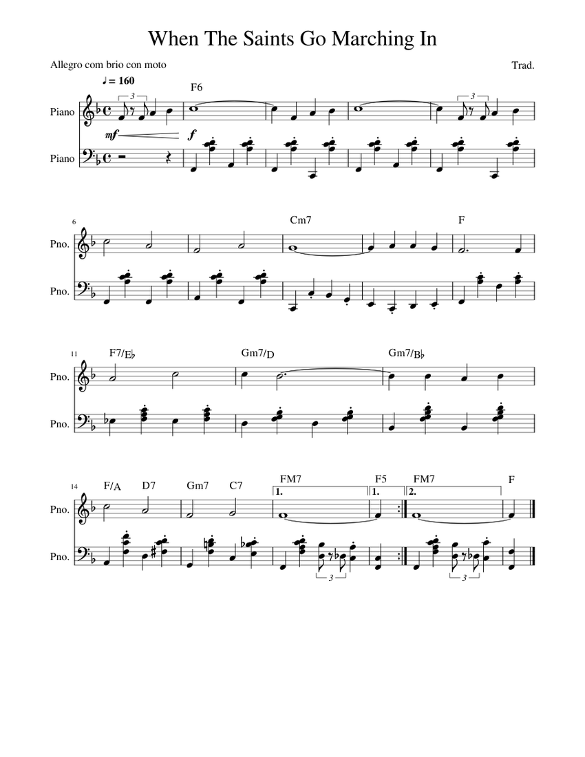 When The Saints Go Marching In Sheet Music with Chords for Piano (Solo ...