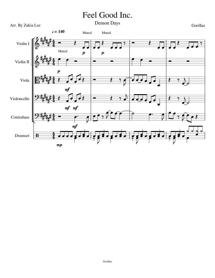 Feel Good Inc. Sheet Music for Contrabass, Violin, Viola, Cello & more ...
