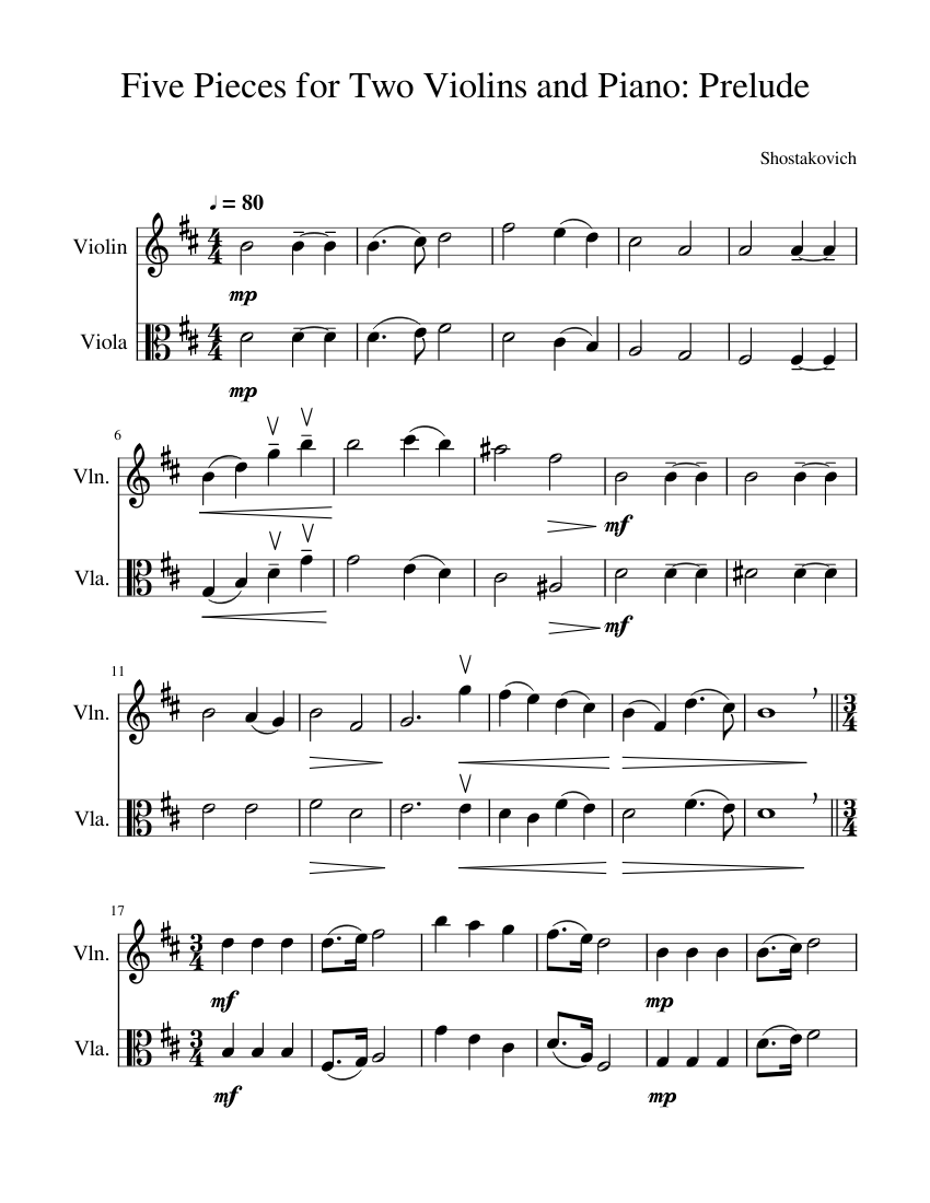 Five Pieces for Two Violins and Piano: Prelude Sheet Music for Violin ...