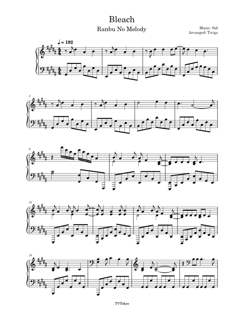 Bleach OP 13 Ranbu no melody – Sid Sheet Music for Piano (Solo ...