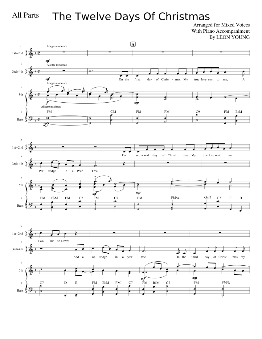 12 Days Of Christmas Sheet Music with Chords for Accordion (Piano ...