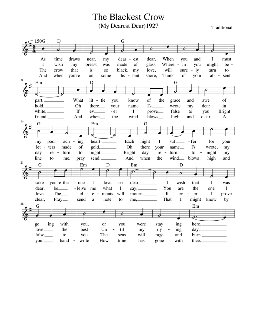 The Blackest Crow Sheet Music with Chords for Piano (Solo) easy ...