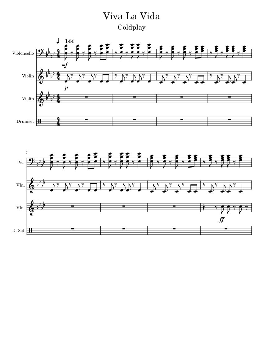 Viva La Vida - Coldplay Sheet music for Violin, Cello, Drum group ...