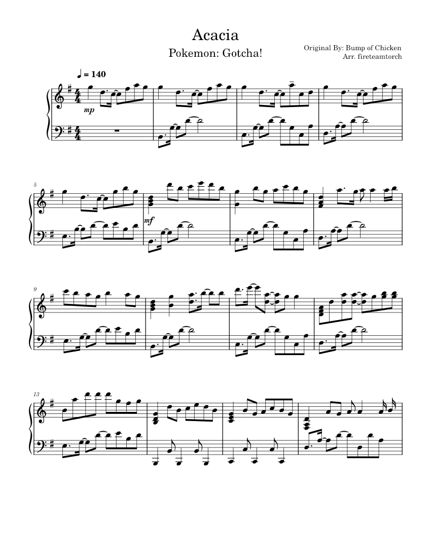 Acacia (Gotcha!) – BUMP OF CHICKEN Pokemon - Acacia Sheet Music for ...
