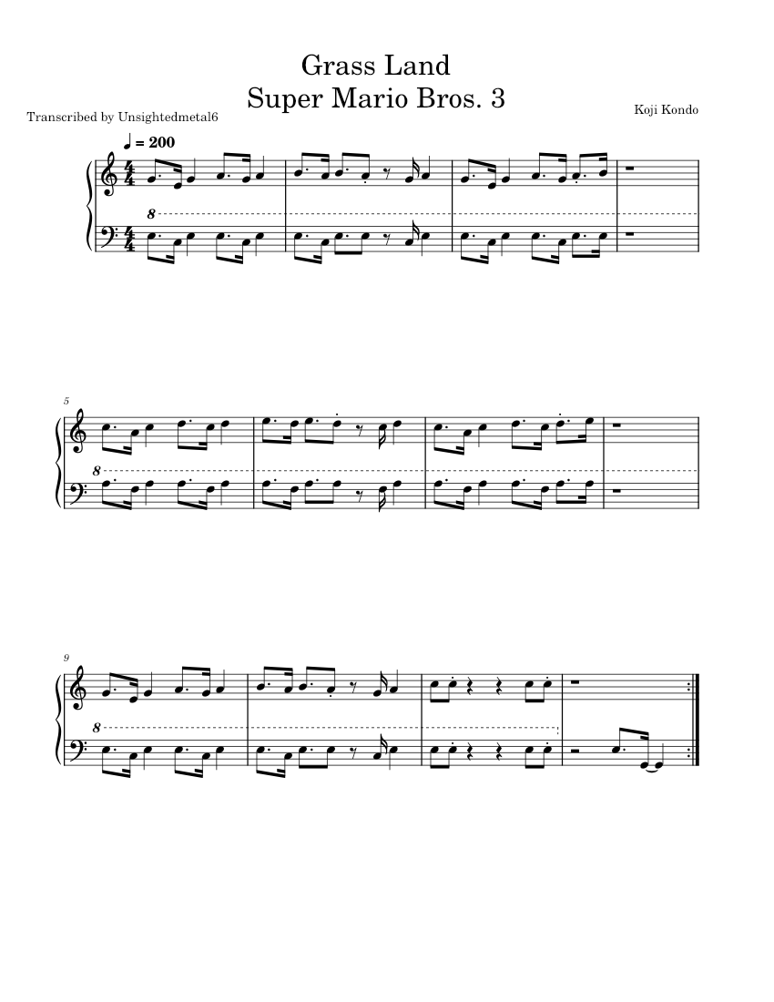Grass Land - Super Mario Bros. 3 Sheet music for Piano (Solo) Easy ...