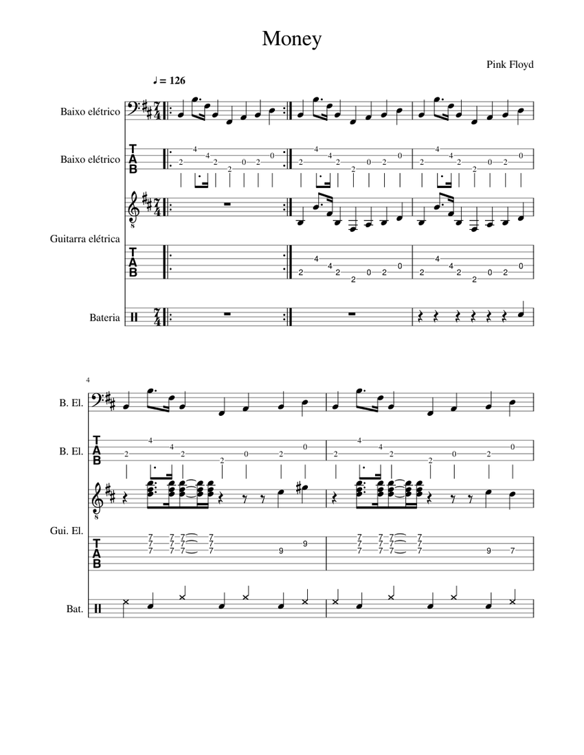 Money Sheet Music and Tab with Chords for Guitar, Bass guitar, Drum ...