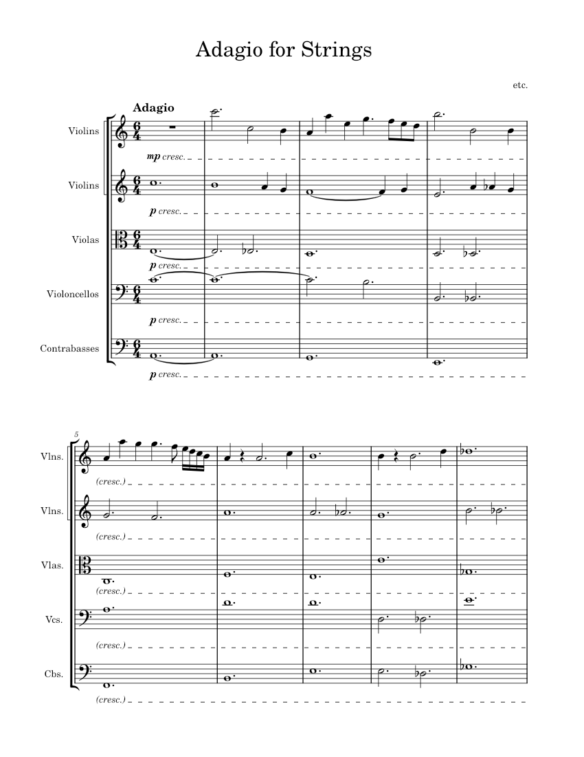 Adagio_for_Strings No. 1 by etc. [New Audio] Sheet music for Strings group (String Ensemble ...
