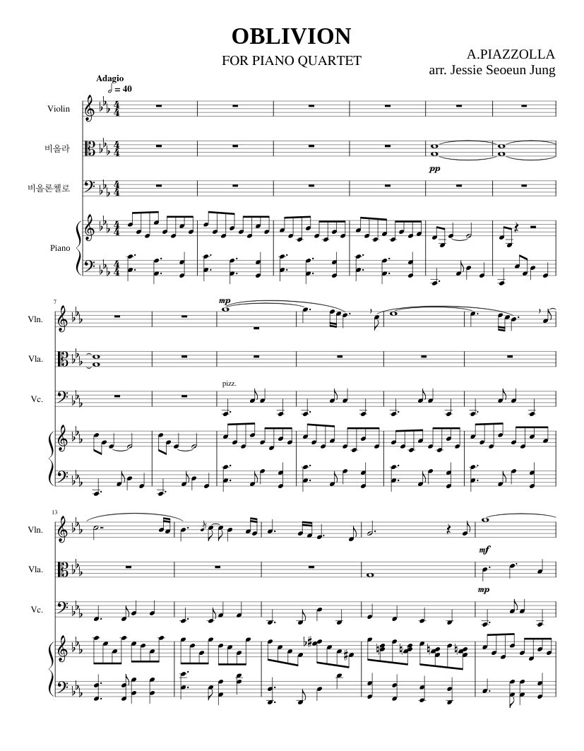 Oblivion – Astor Piazzolla Oblivion piano quartet Sheet Music for Piano ...