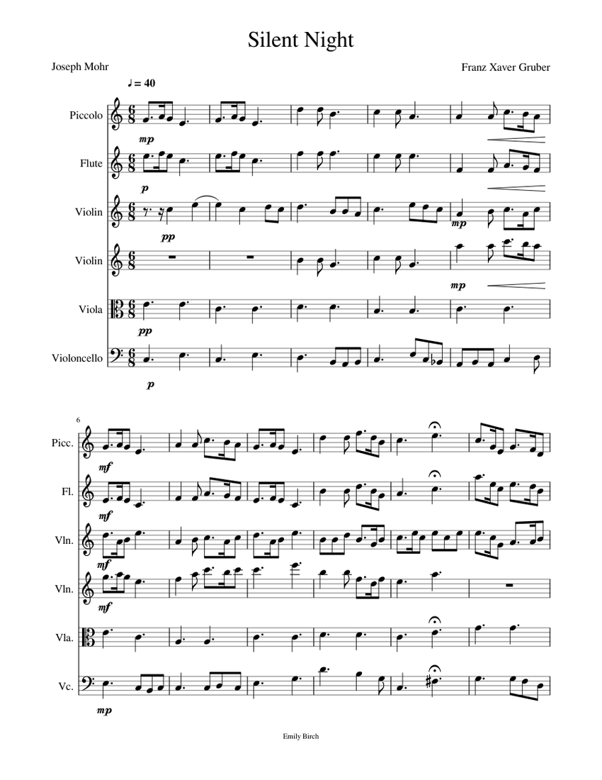 Silent Night Sheet music for Flute piccolo, Flute, Violin, Viola & more ...