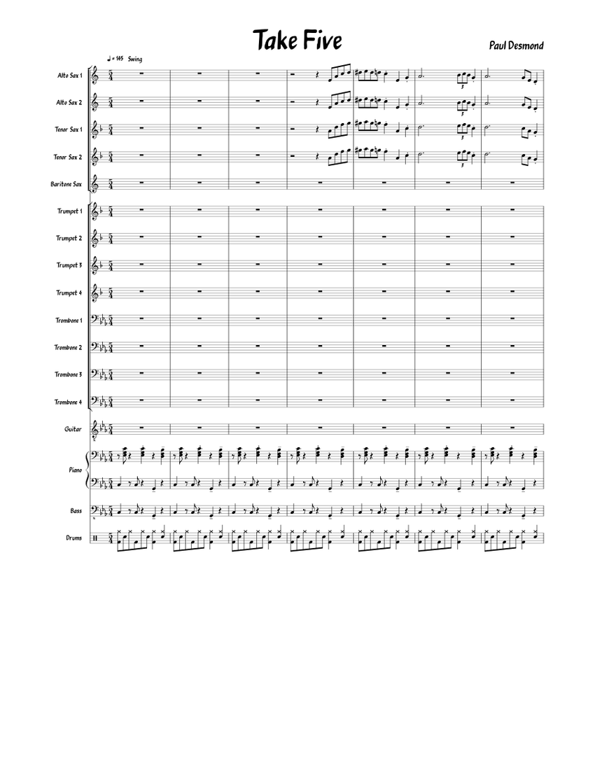 Jazz Band: Take Five Sheet music for Piano, Trombone, Saxophone alto ...