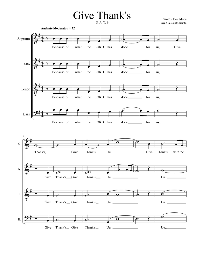 Give Thanks by Don Moen Sheet Music for Soprano, Alto, Tenor, Bass ...