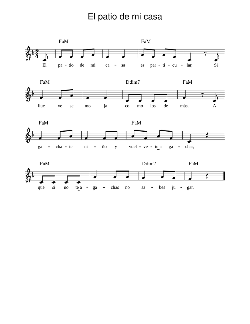 El patio de mi casa – Canciones Infantiles El patio de mi casa Sheet ...