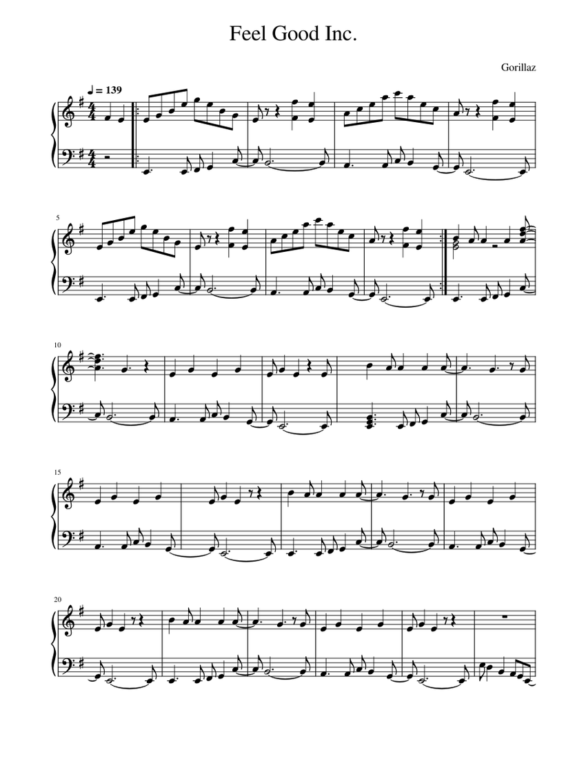 Feel Good Inc – Gorillaz Sheet Music for Piano (Piano Duo) | MuseScore.com