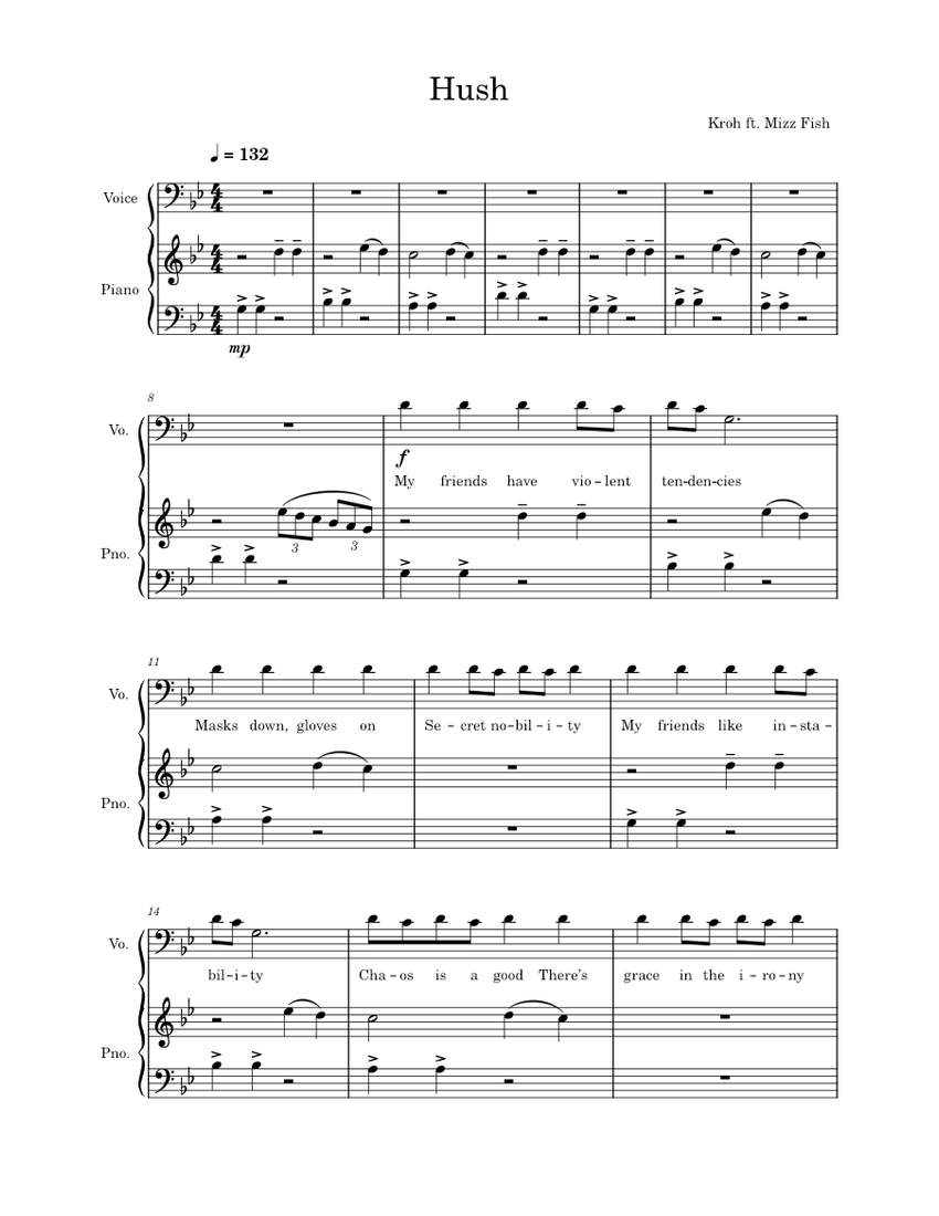 Hush – kroh ft. Mizz Fish Sheet Music for Piano, Drum group (Piano ...
