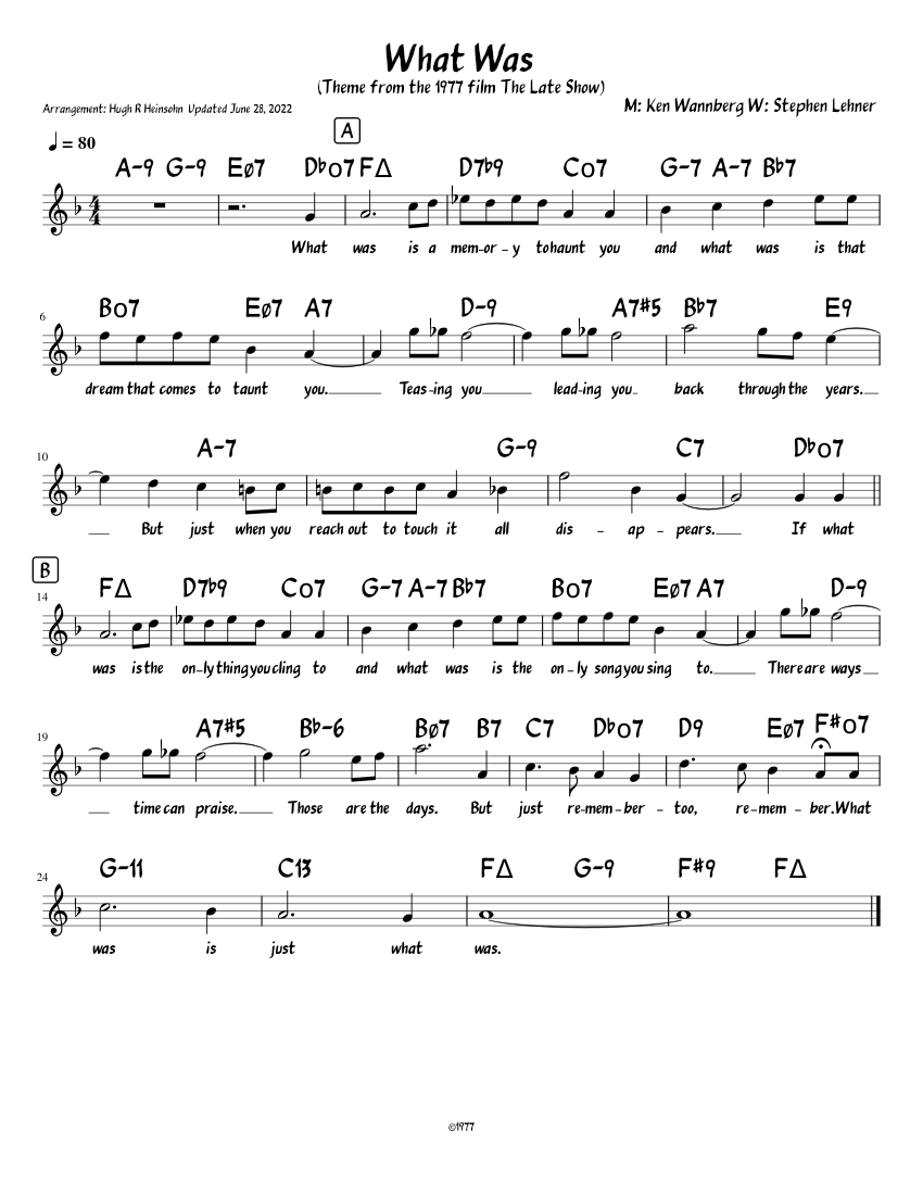What Was (Theme from the 1977 film The Late Show) Sheet Music for Piano ...
