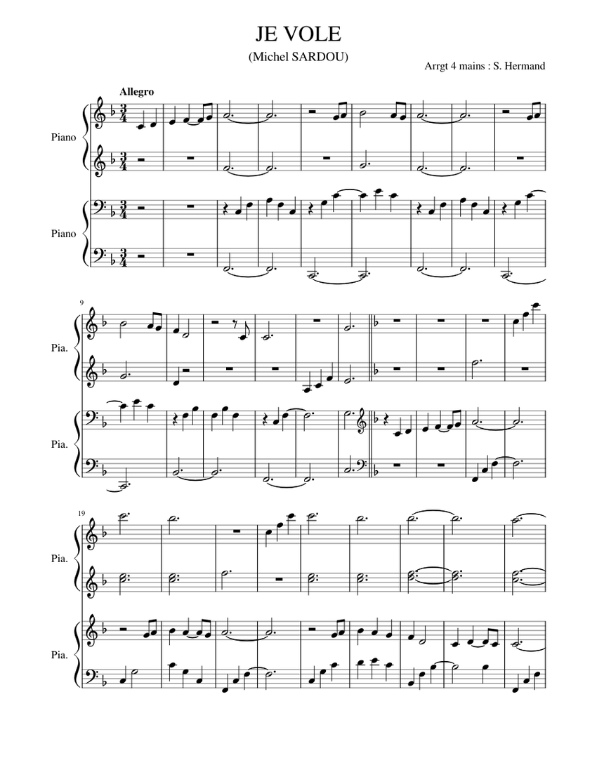 JE VOLE de Michel Sardou Sheet Music for Piano (Solo) | MuseScore.com