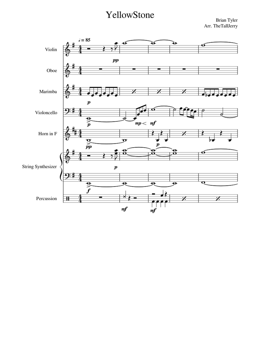 YellowStone Brian Tyler Sheet Music for Oboe, French horn, Violin ...
