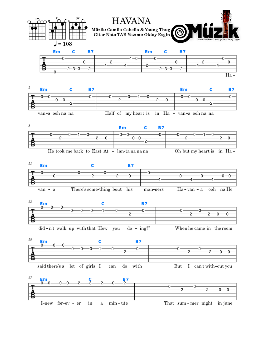 HAVANA Sheet Music and Tab with Chords for Guitar (Solo) | MuseScore.com