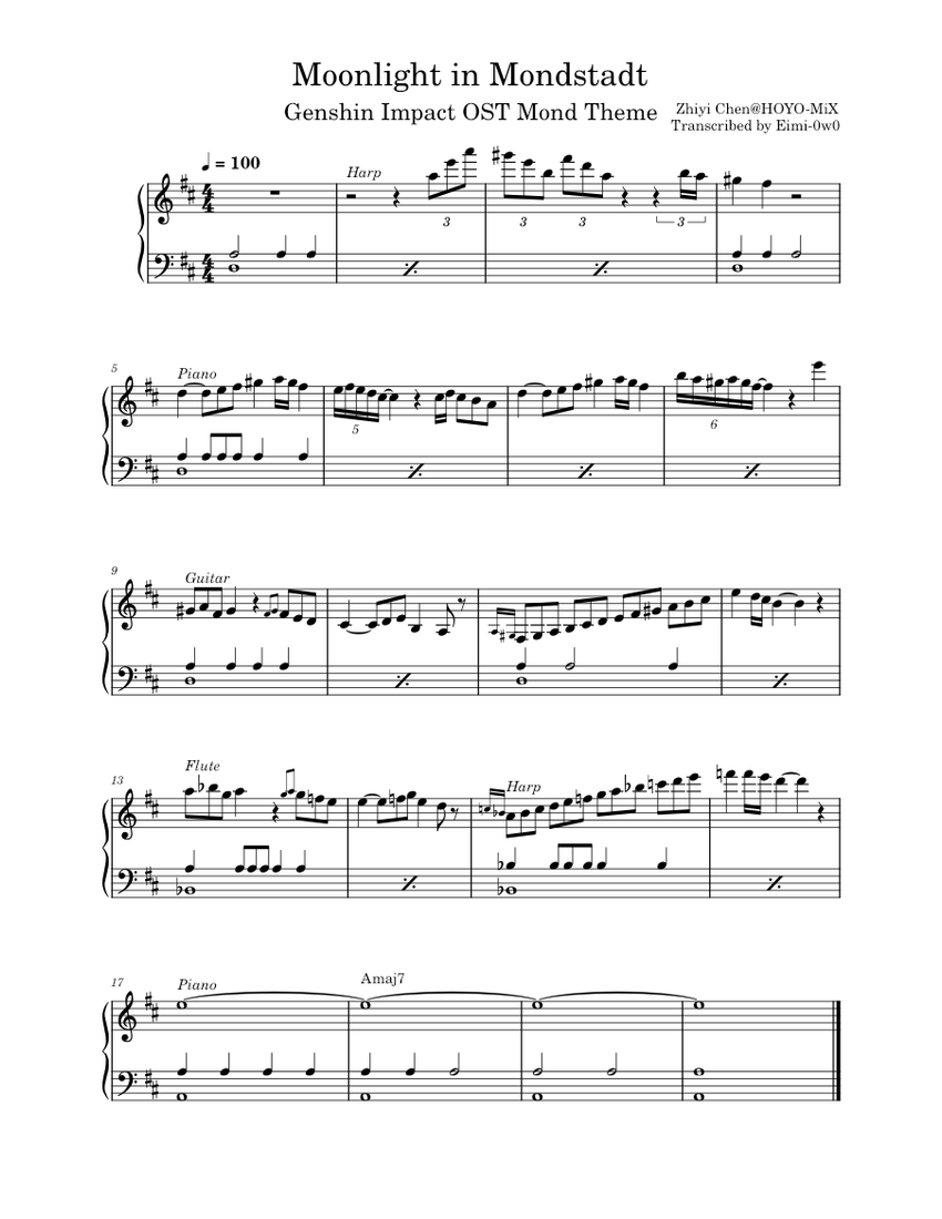 Moonlight in Mondstadt - Genshin Impact Mondstadt City Theme Sheet ...