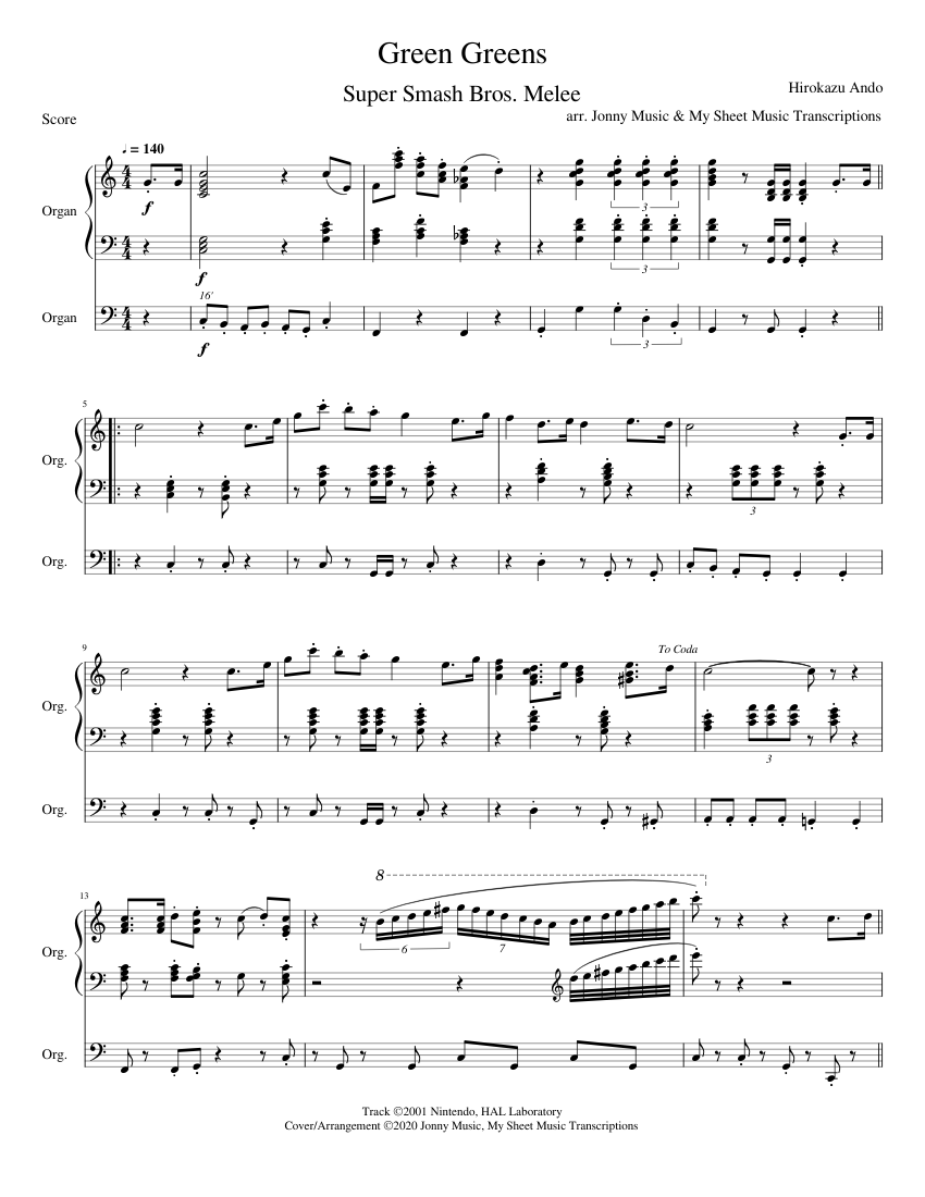 Green Greens (Super Smash Bros. Melee) Organ Cover Sheet music for ...