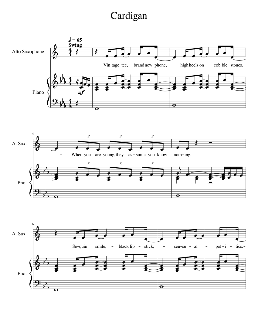 Cardigan - Taylor Swift Sheet Music for Piano, Saxophone alto (Solo ...