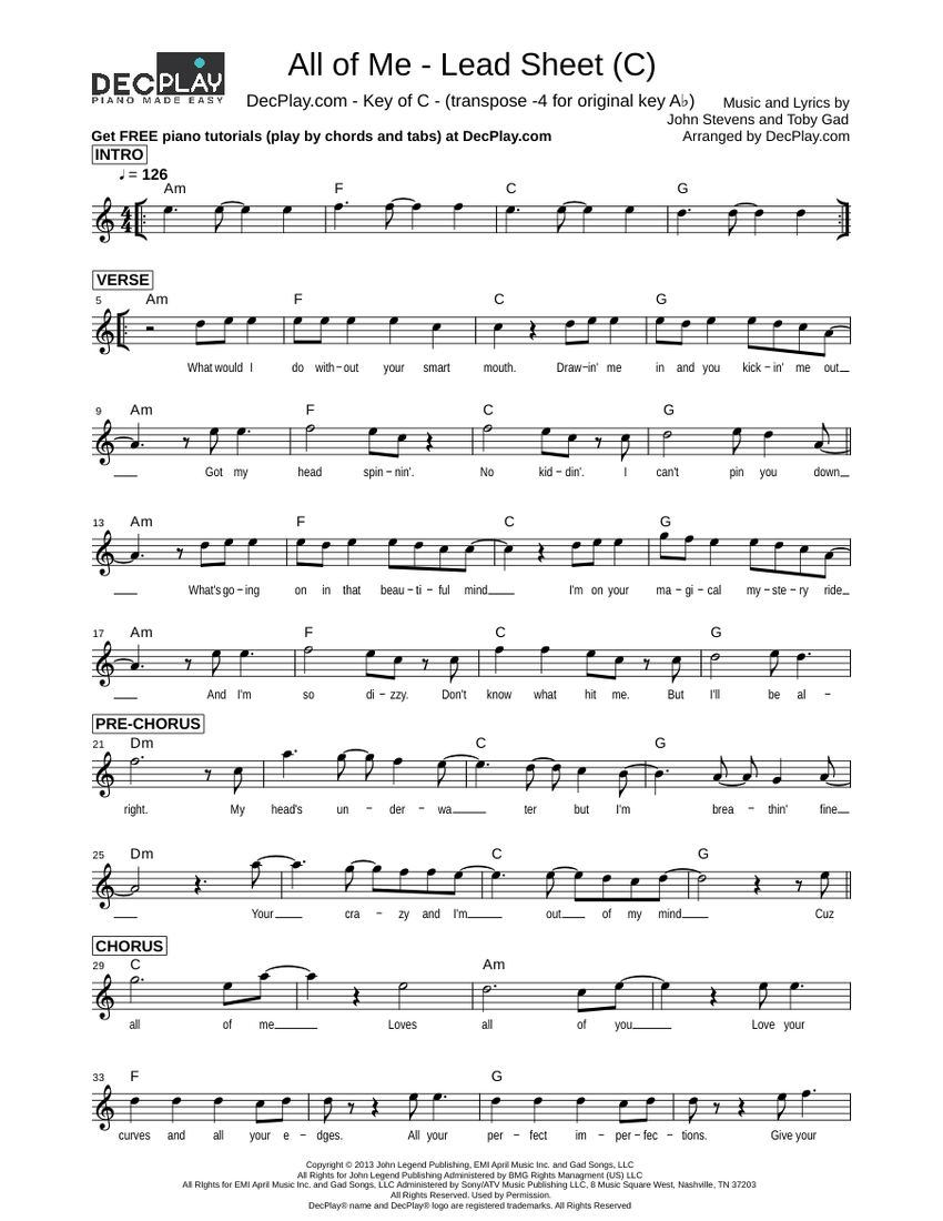 All of Me - Lead Sheet (C) piano / guitar / vocals - John Legend Sheet ...