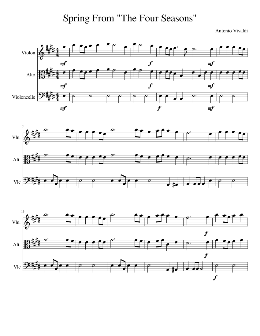 Spring From The Four Seasons Sheet music for Violin, Viola, Cello ...