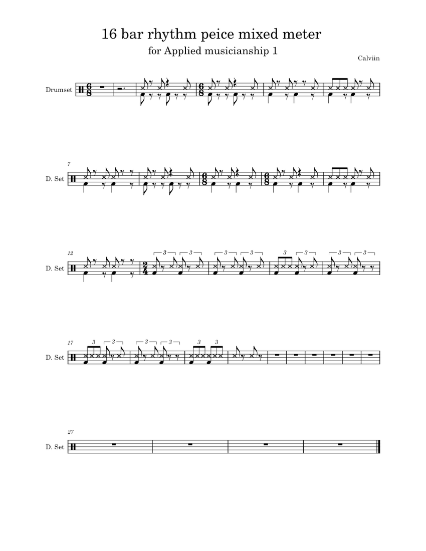 16 bar rhythm peice mixed meter 0001 Sheet music for Drum group (Solo ...