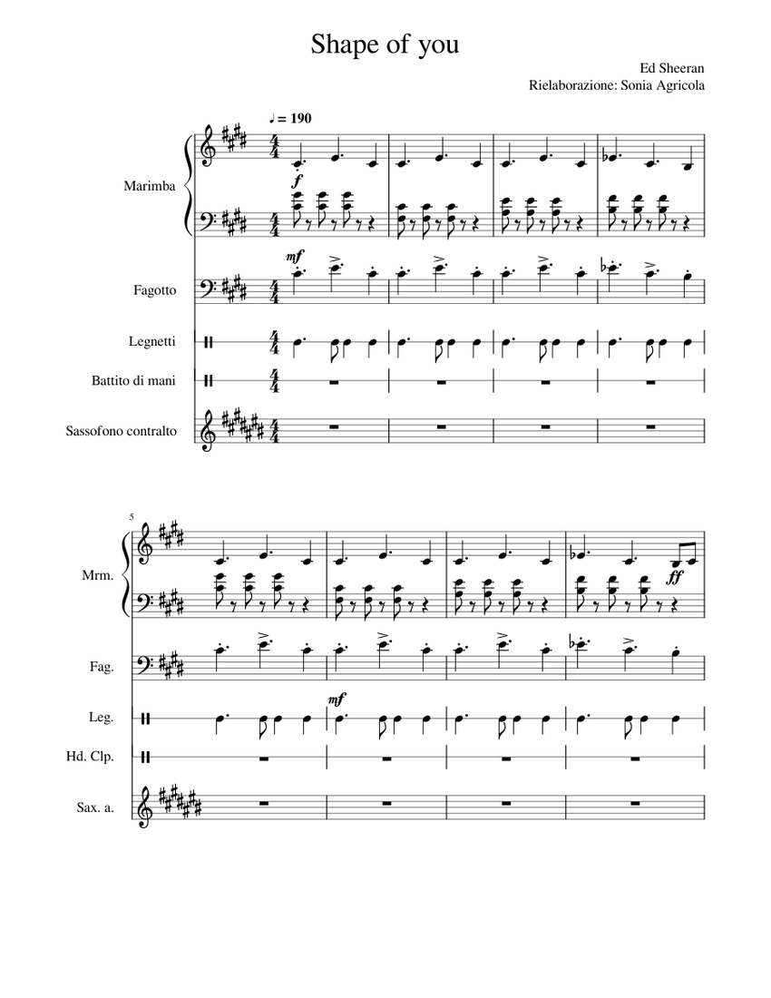 shape of you Sheet Music for Bassoon, Saxophone alto, Marimba, Claves ...